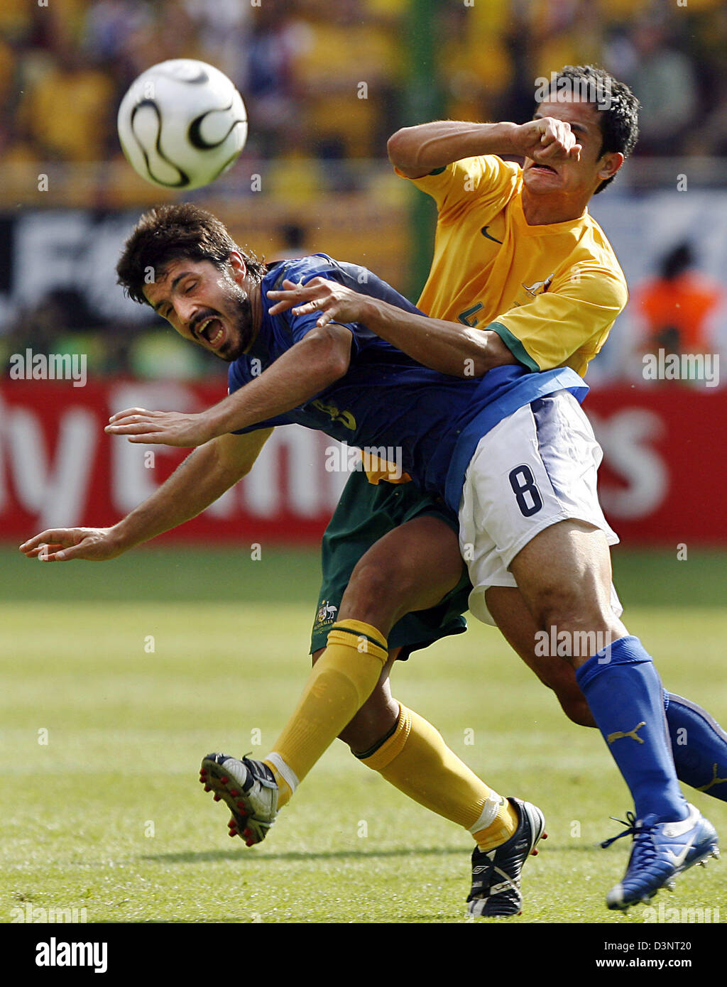 Tim Cahill (R) of Australia and Gennaro Gattuso of Italy fight for the ...
