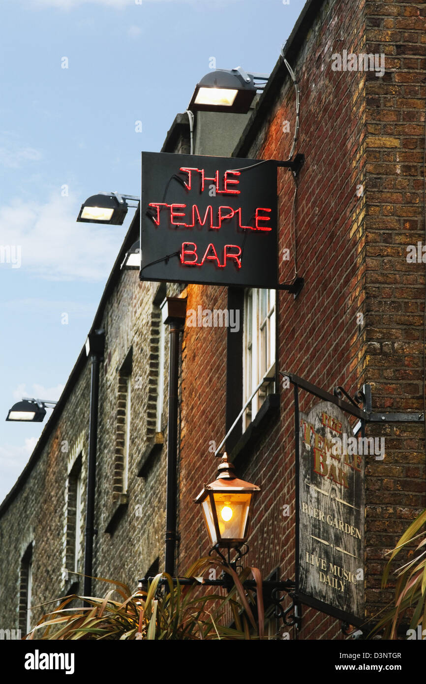Low angle view of a bar sign, Temple Bar, Dublin, Republic of Ireland ...