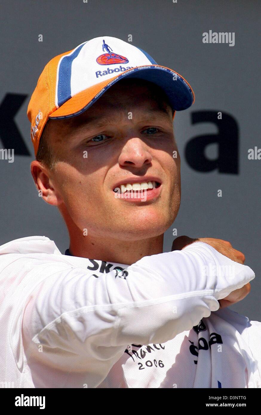 Dutch cycling pro Joost Posthuma of the Rabobank cycling team puts on ...