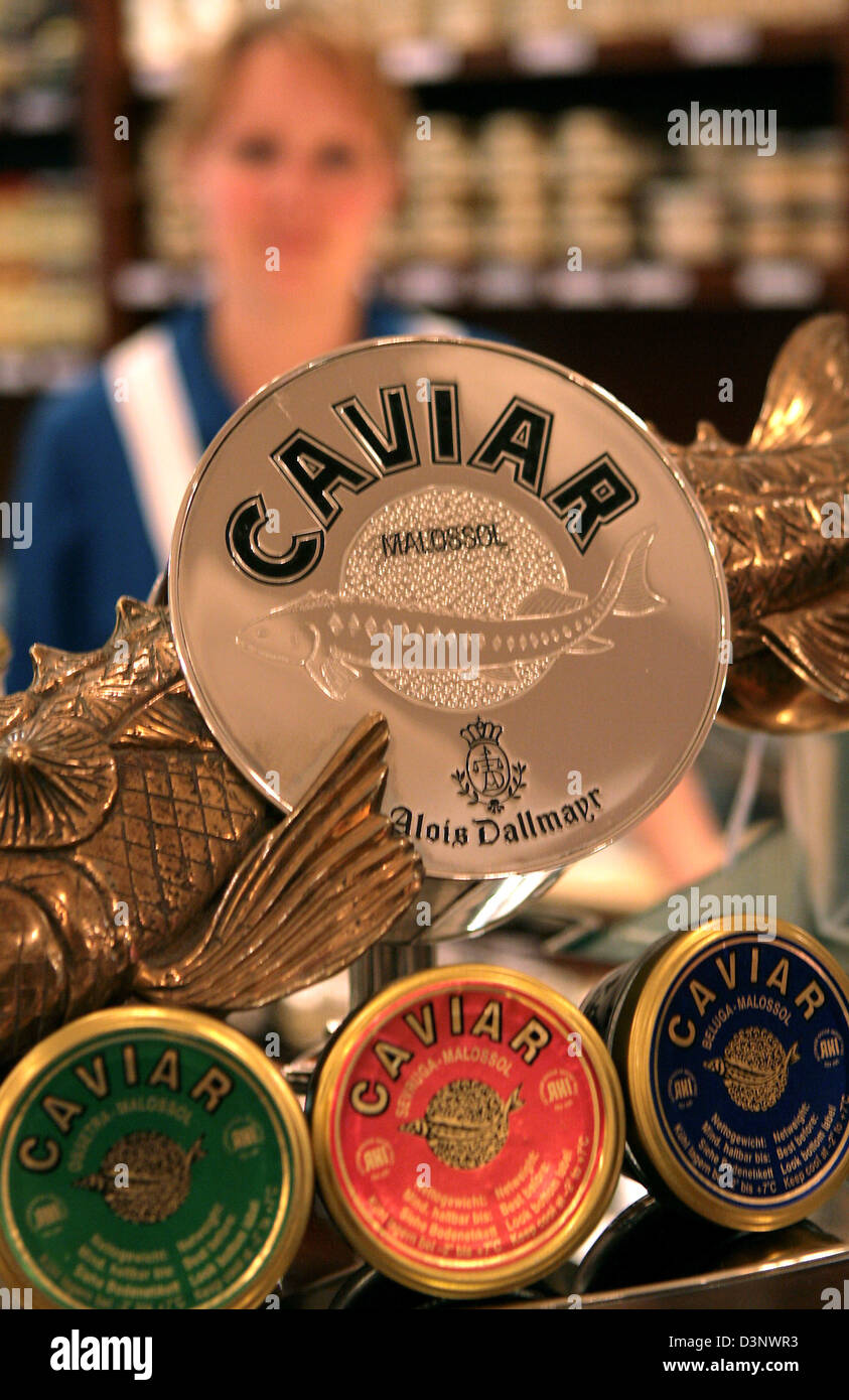 Various types of Malossol caviar pictured in the delicatessen shop ...