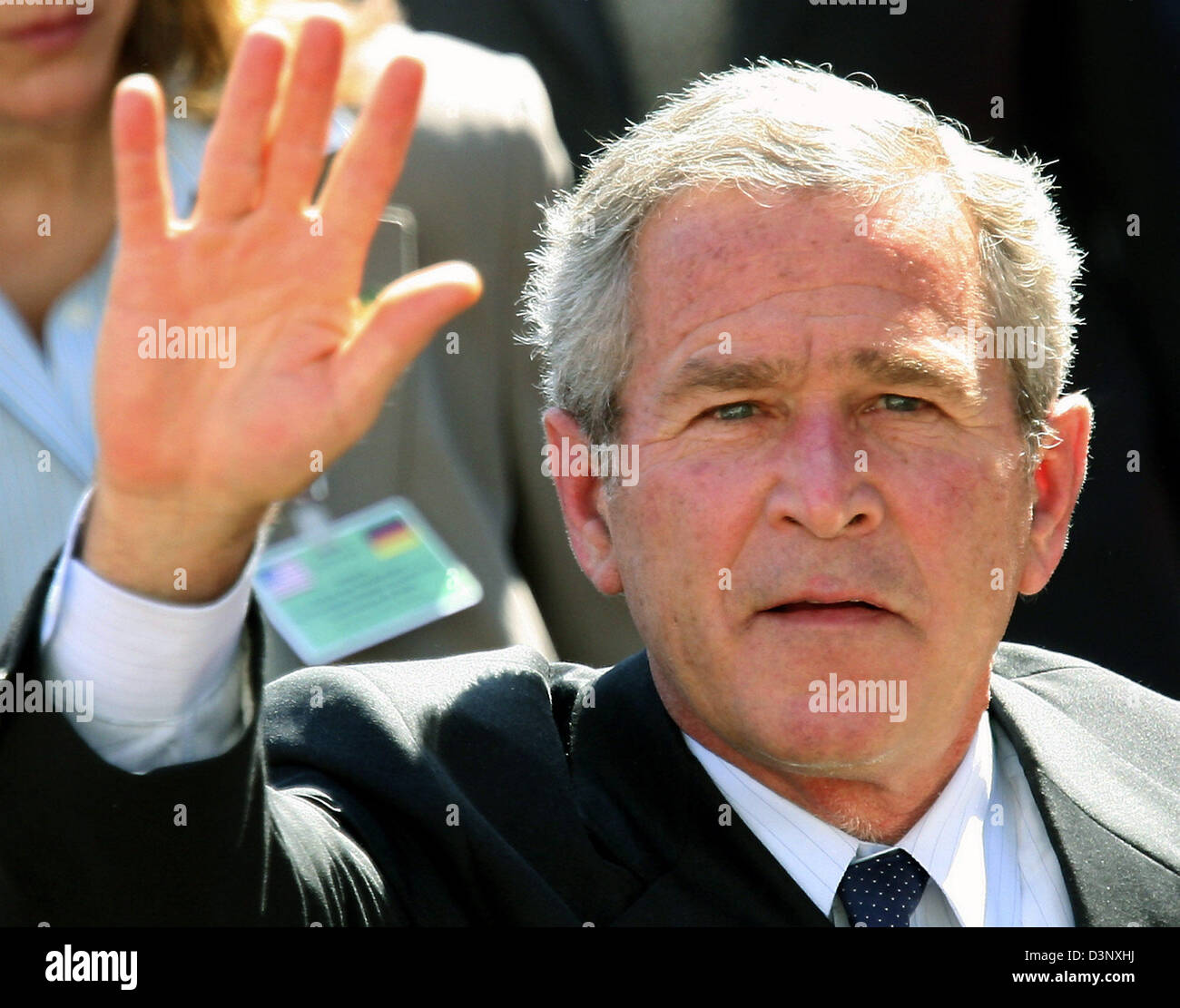 US President George W. Bush waves during his visit in Stralsund ...