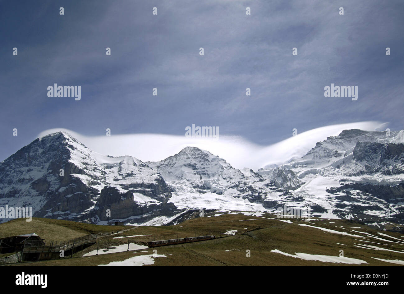 The picture shows the mountains (L-R) Eiger (3970 meters), Moench (4107 ...