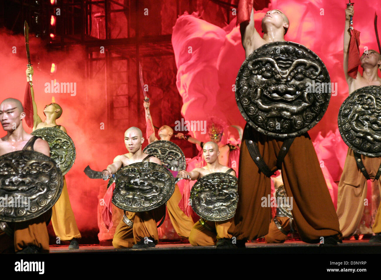 The Shaolin monks perform a show in the Red Theatre in Beijing, China ...