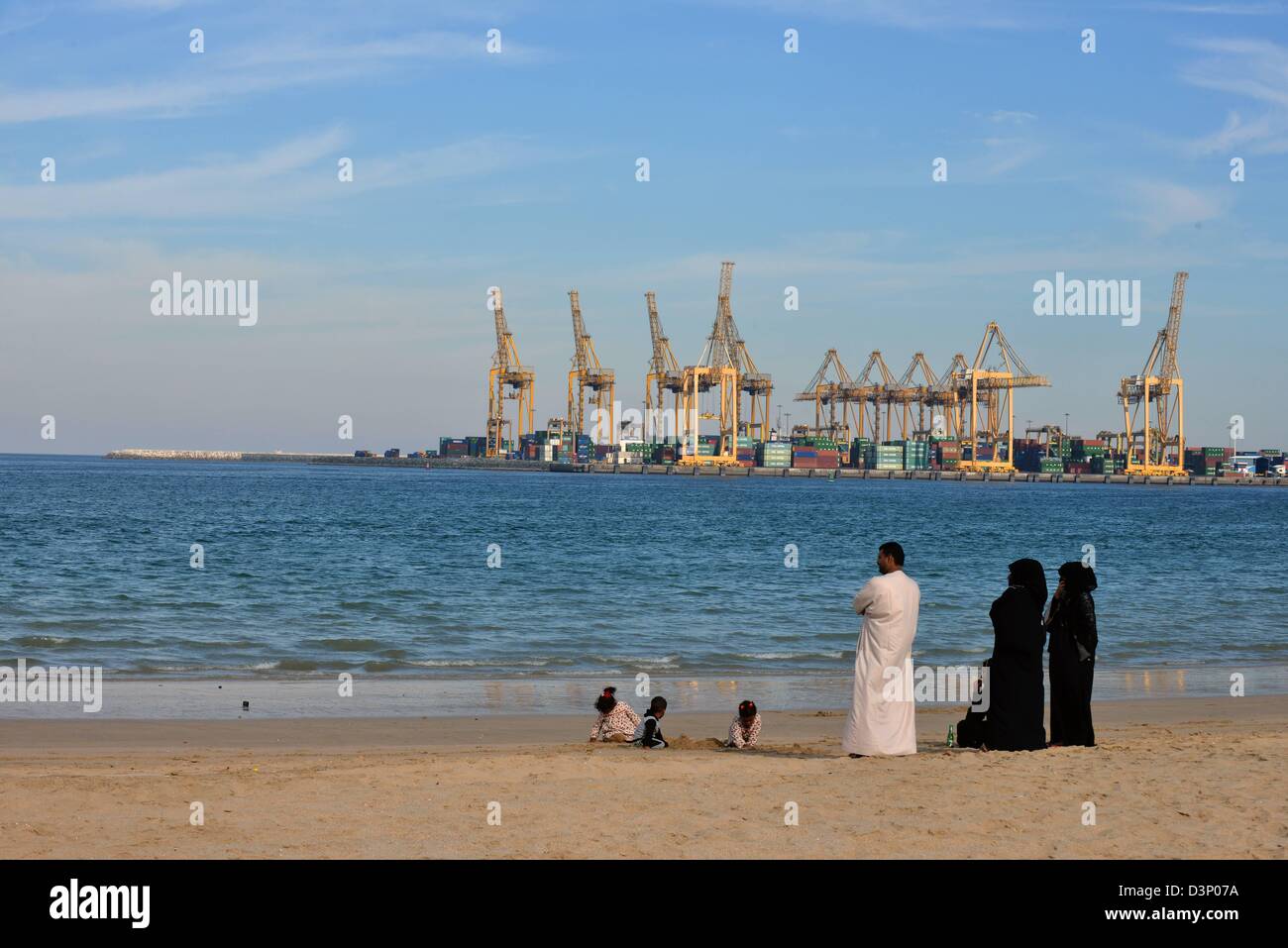The container port in Khorfakkan on the Gulf of Oman in the Emirate of ...