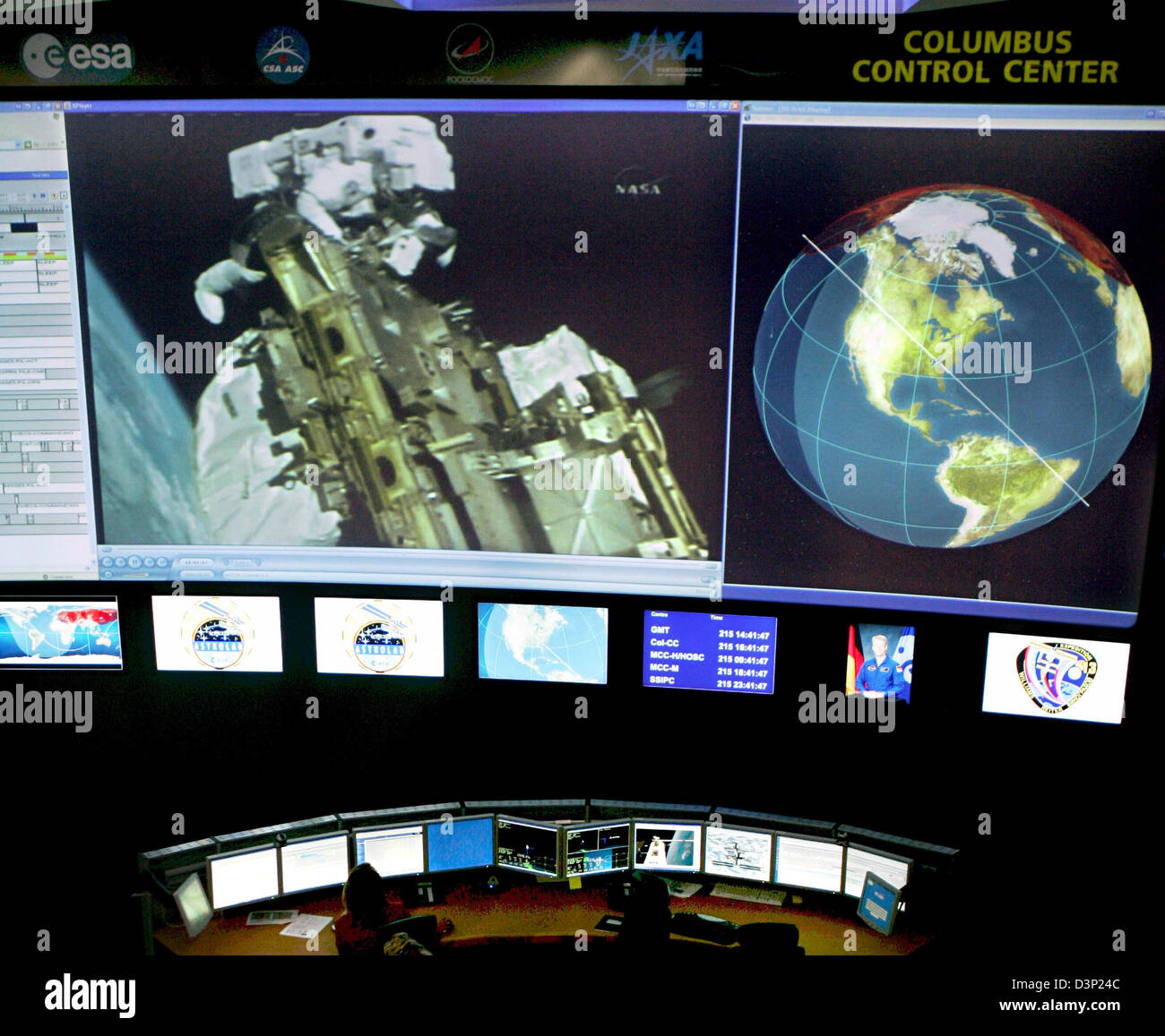 Employees at the Columbus control centre watch astronauts Thomas Reiter ...