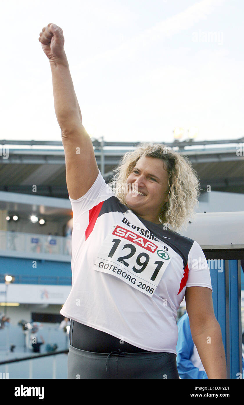 German discus athlete Franka Dietzsch cheers after her attempt at the ...