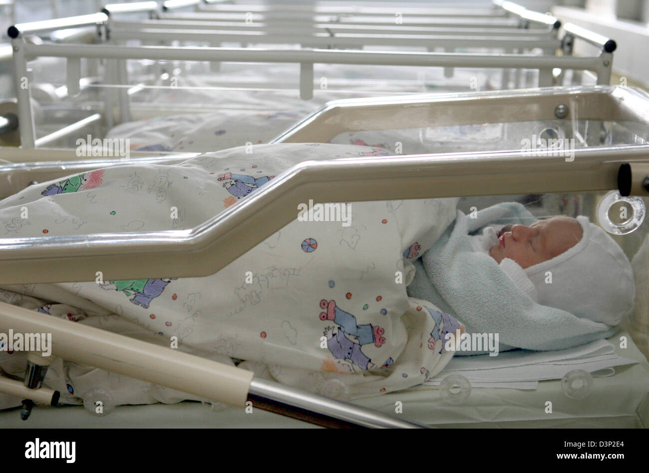 A single baby pictured on a newborn ward of a hospital in Seligenstadt ...