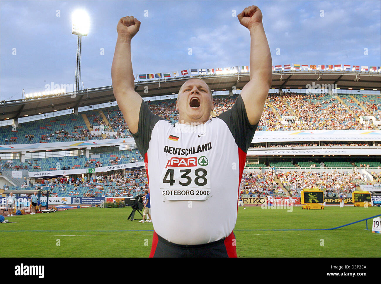 German shotputter Ralf Bartels cheers after winning the shot put finals ...