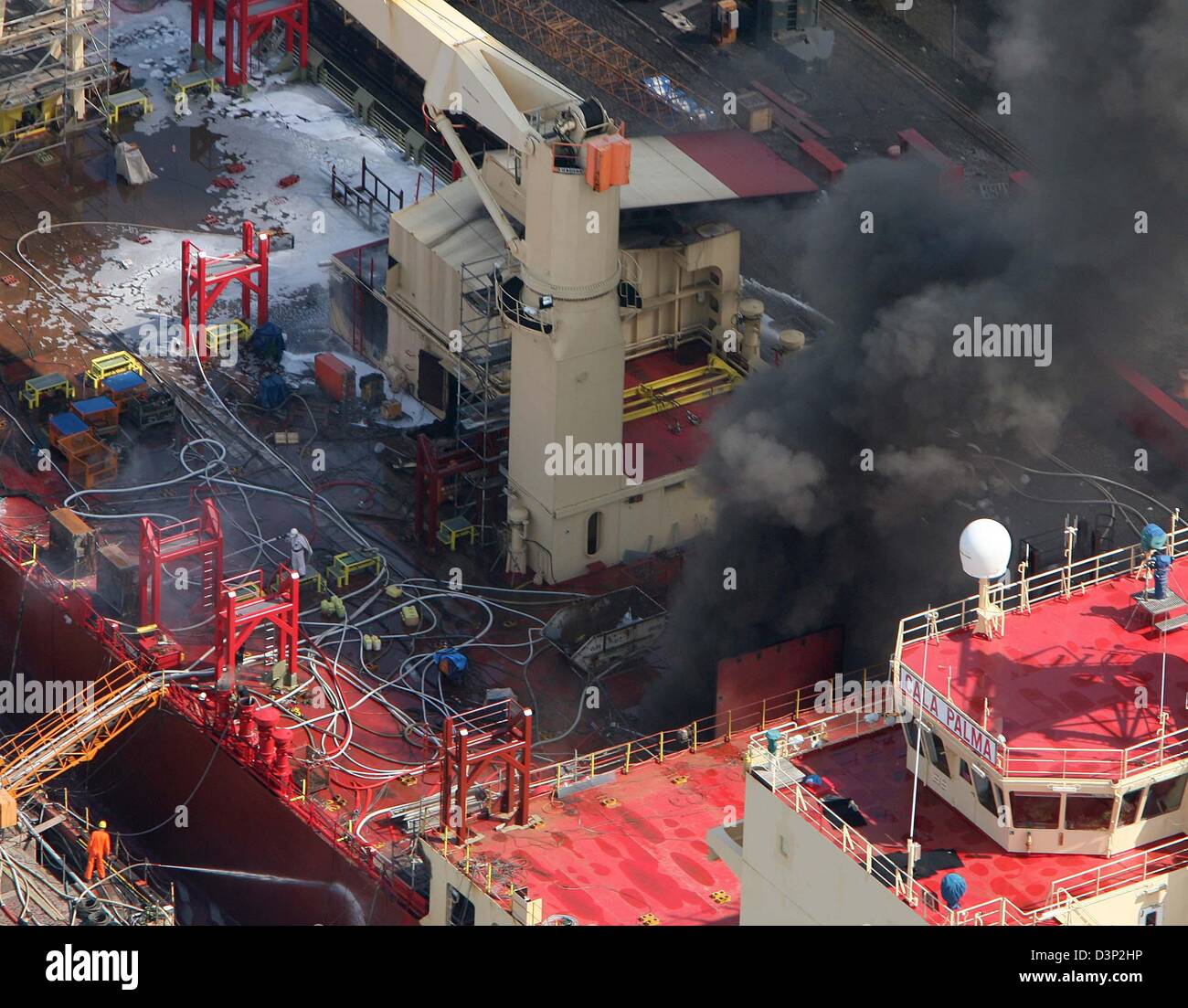 The picture shows heavy smoke on the 190 metres tall Italian reefer ...