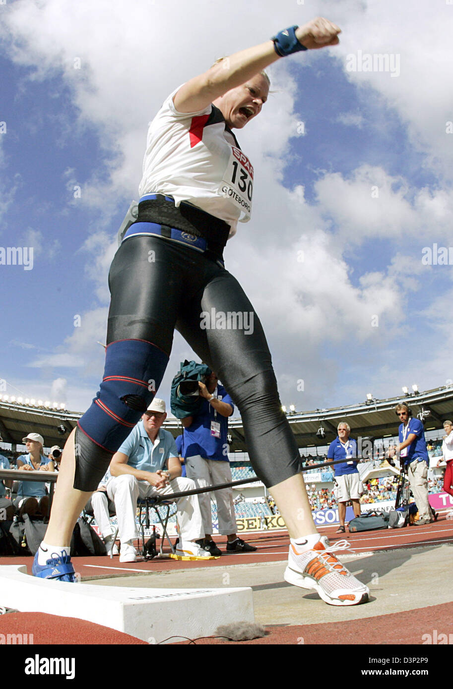 German shotputter Nadine Kleinert cheers after her first Shot Put ...