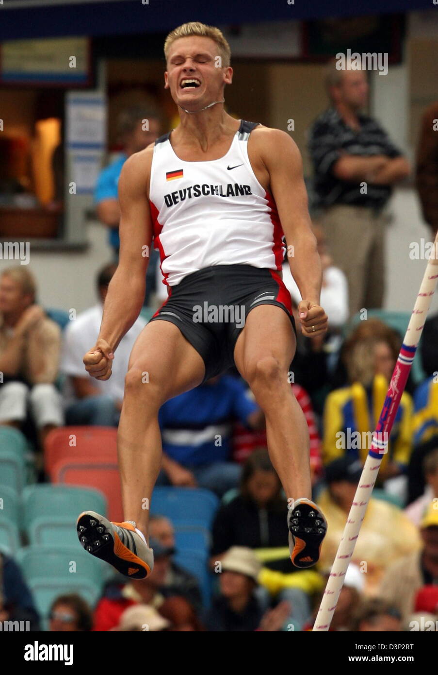 German decathlete Pascal Behrenbruch flies over the bar during his Pole ...