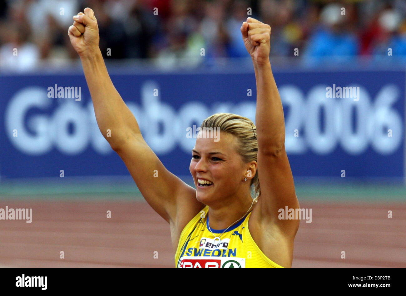 Swedish athlete Susanna Kallur cheers winning the 110m Hurdles Women at ...