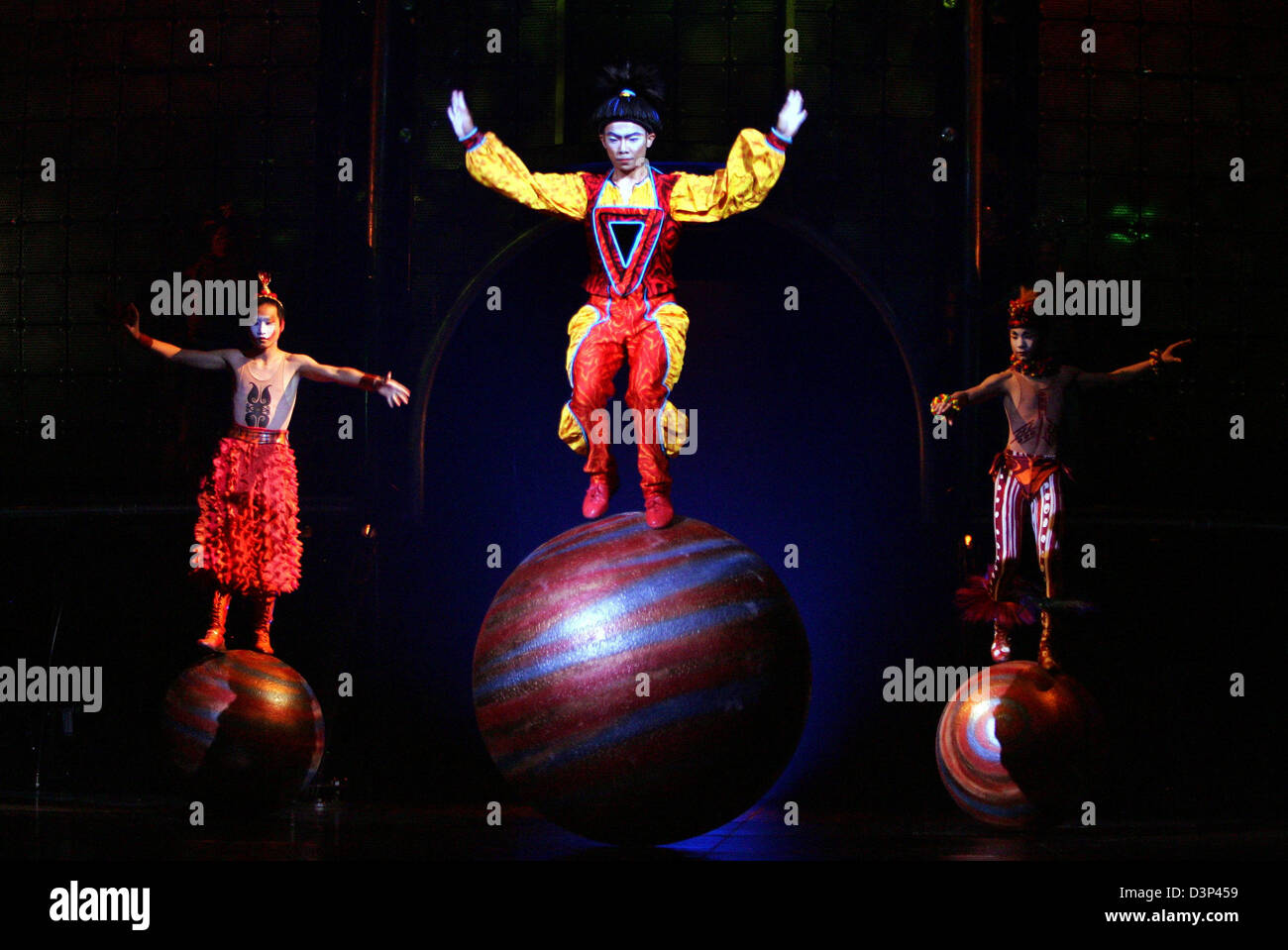 Artists of the world-famous Cirque du Soleil perform during a photo ...