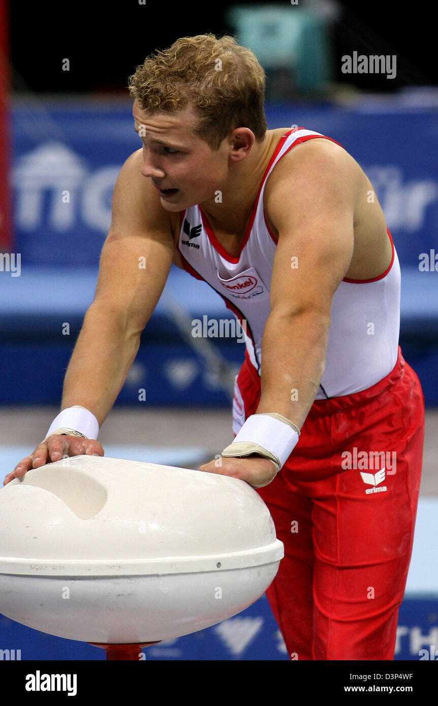 The photo shows Fabian Hambuechen during the vaulting table competition ...
