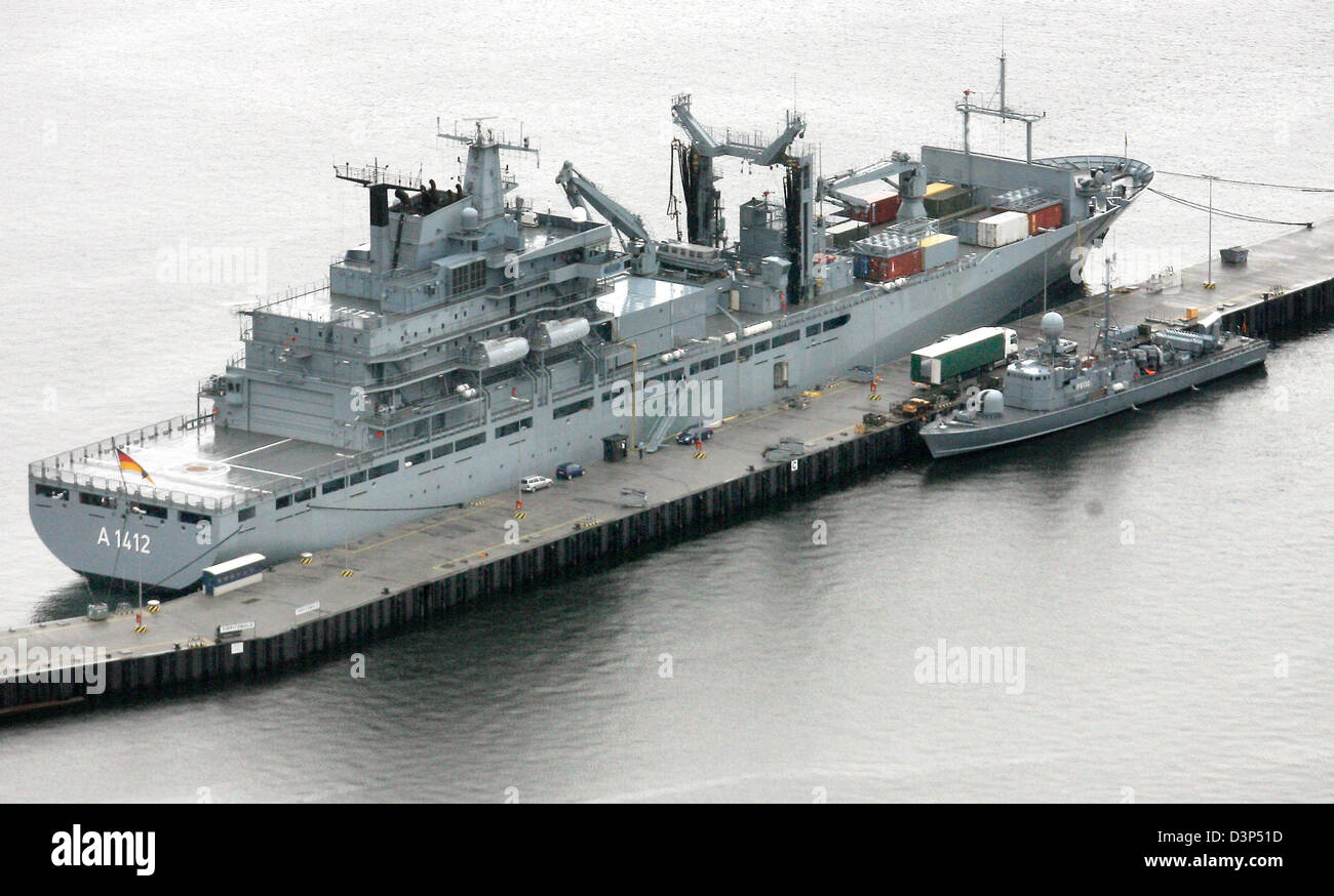 The troop supply ship 'A 1412 Frankfurt' of the German Navy lies at the ...
