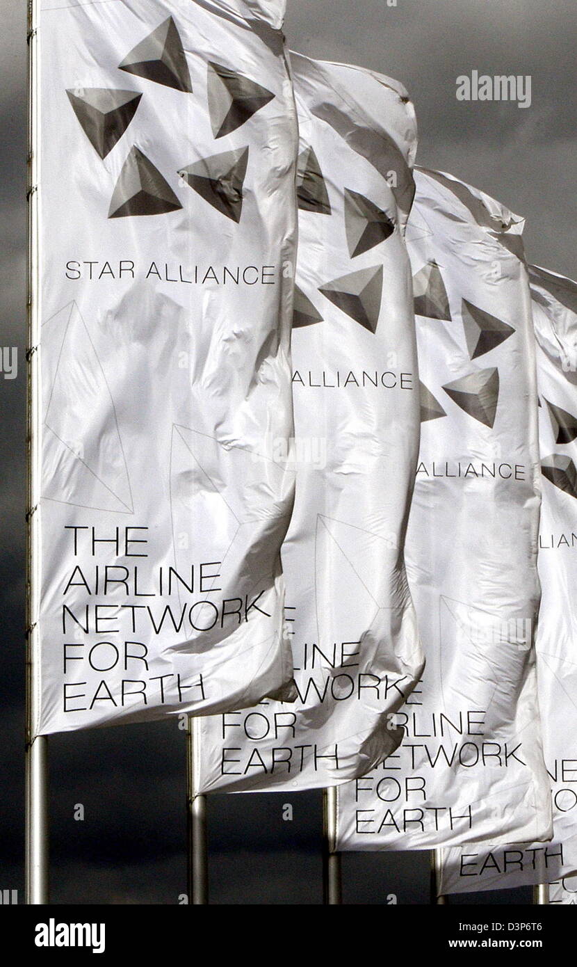 Flags of the airline grouping Star Alliance wave in the wind of Munich ...