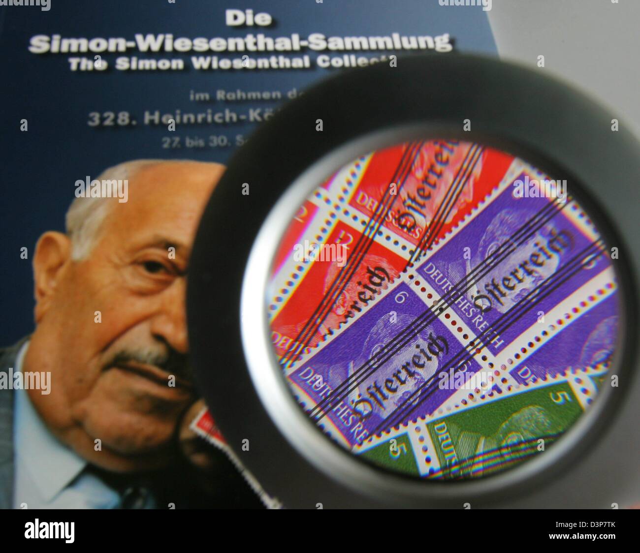 The picture shows a magnifying glass, a portrait of Simon Wiesenthal ...