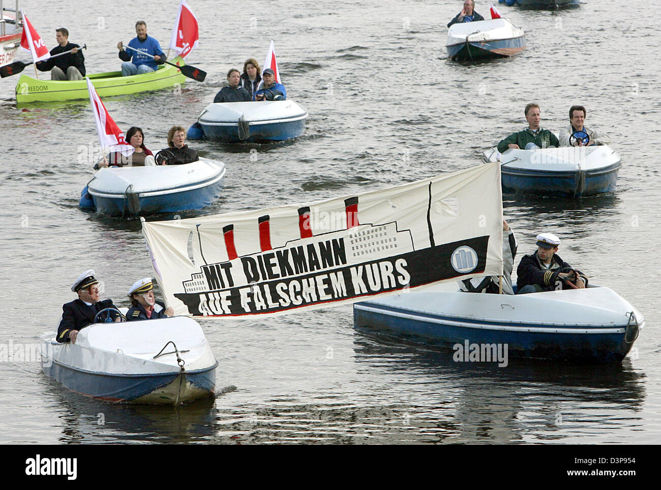 Employees of Allianz protest in boats at the Alster river of Hamburg ...