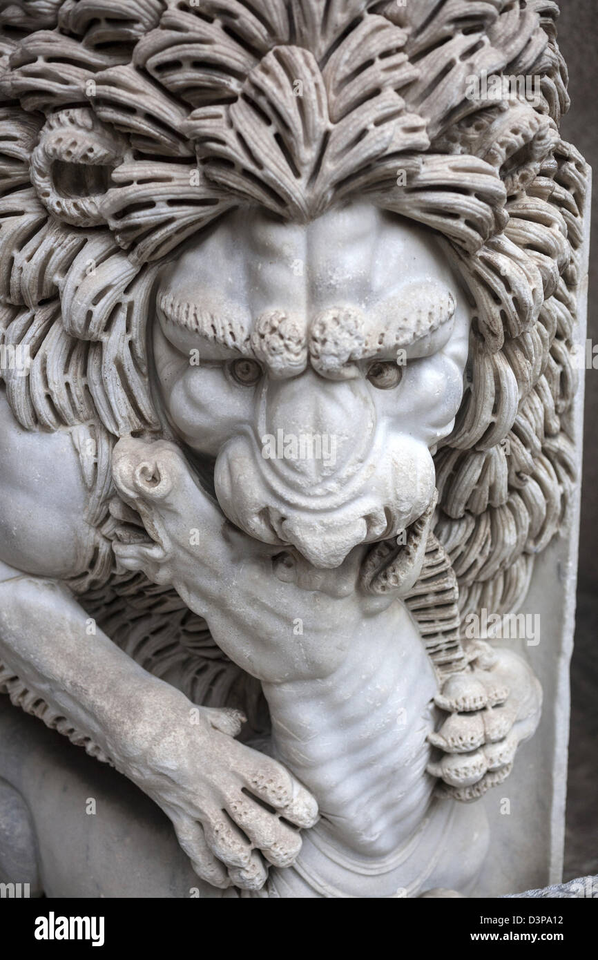Ancient sculpture of a lion attacking a horse on display in the vatican ...