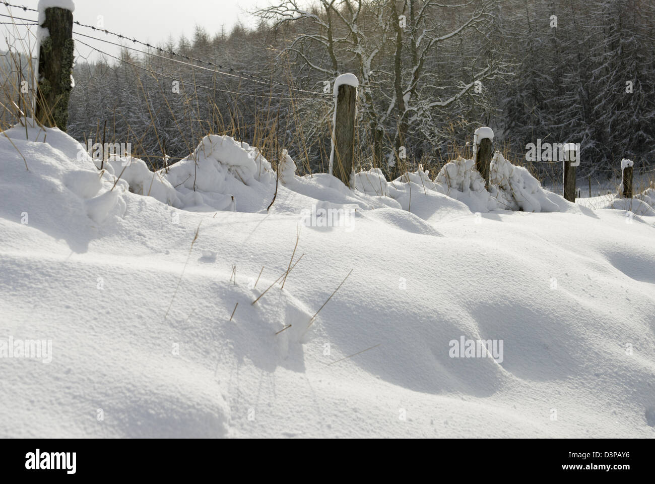 Deep snow covers a roadside bank and fence Stock Photo - Alamy