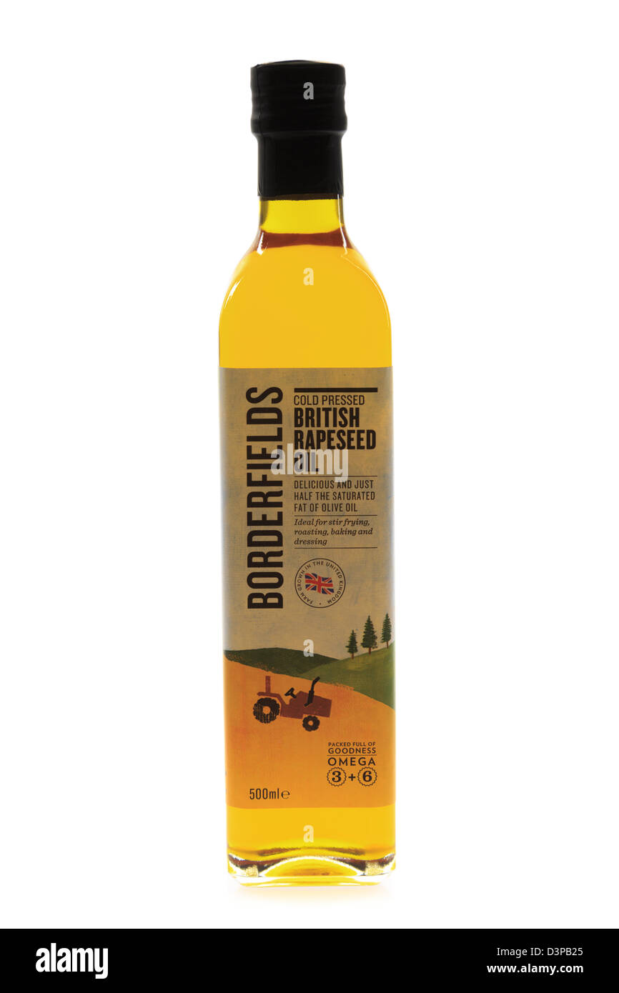 Bottle of Borderfields cold pressed British Rapeseed oil isolated on a ...