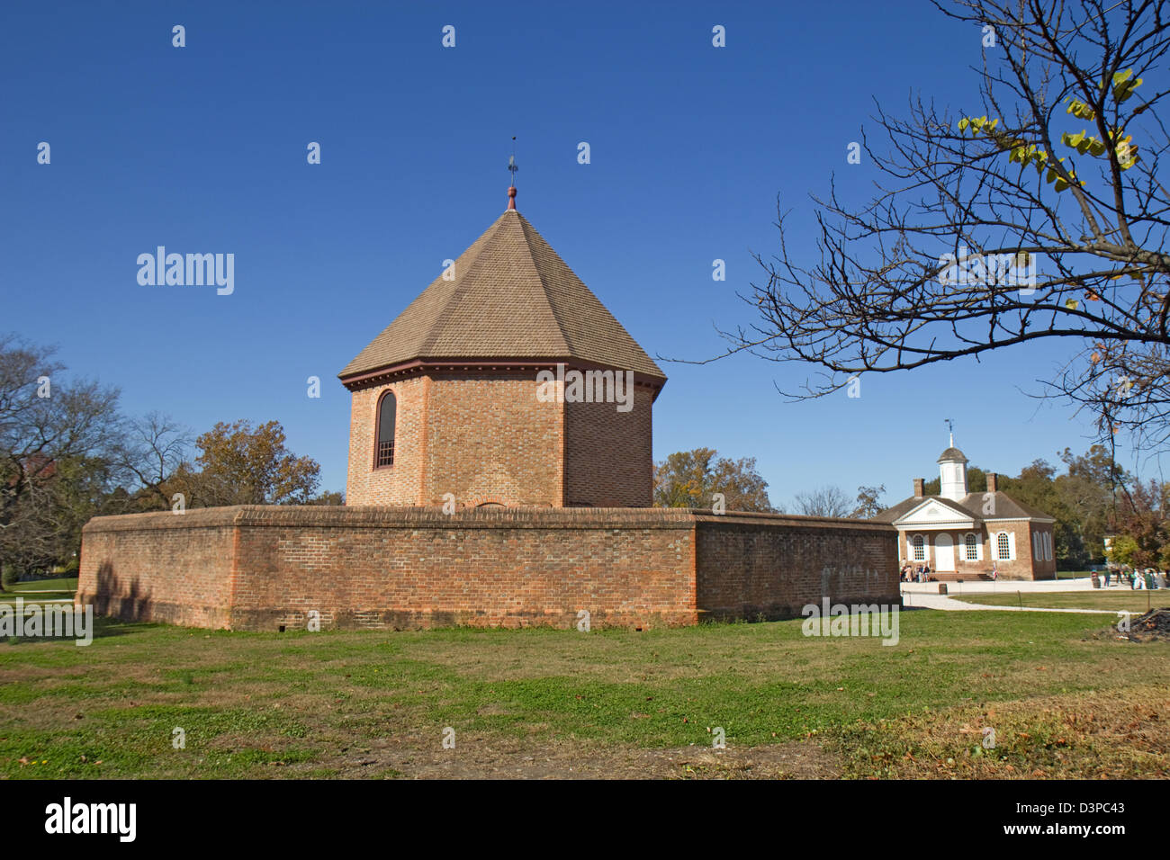 The powder magazine in Colonial Williamsburg, Virginia, against a ...