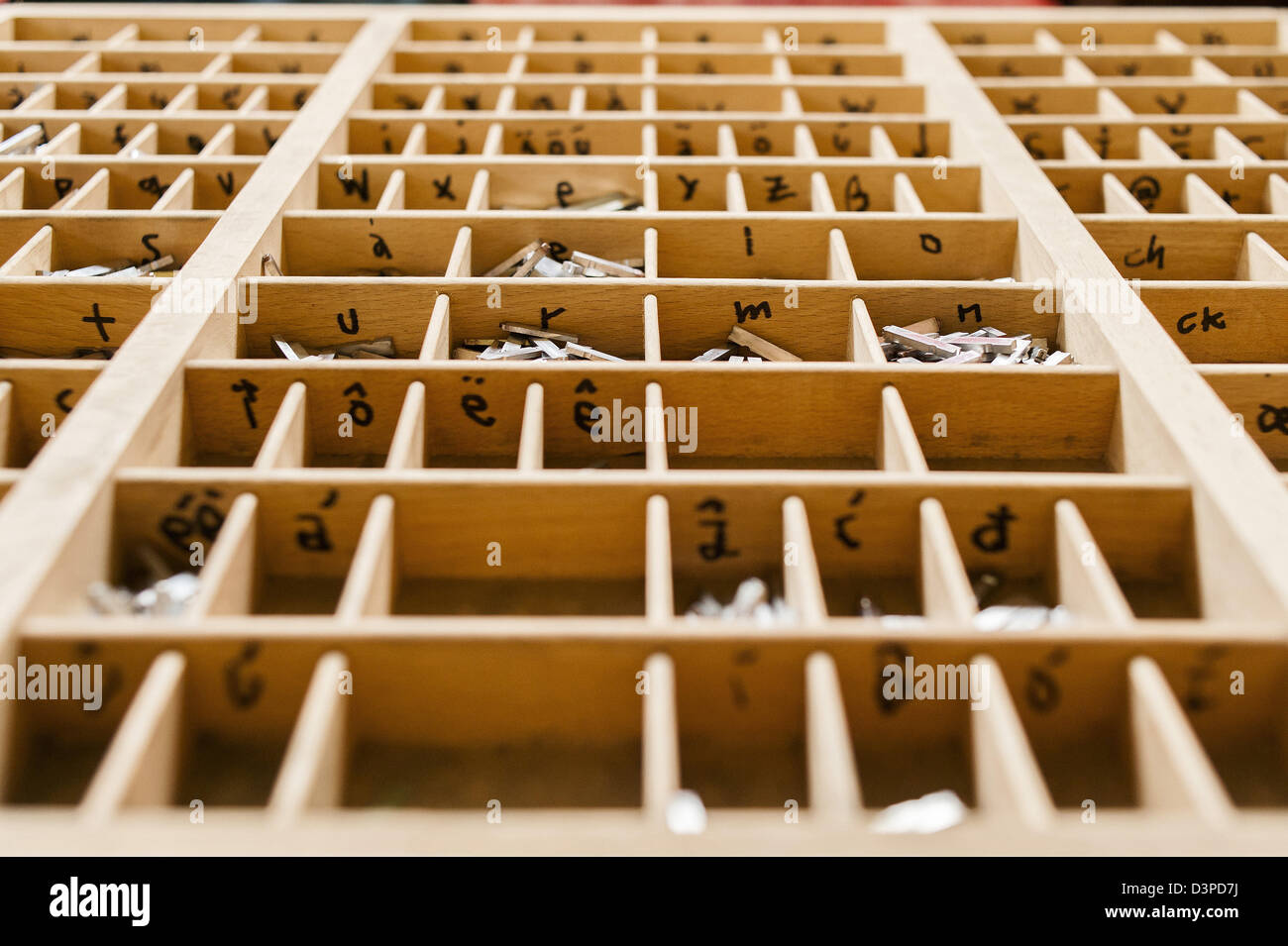 a wooden box containing type script letters Stock Photo - Alamy