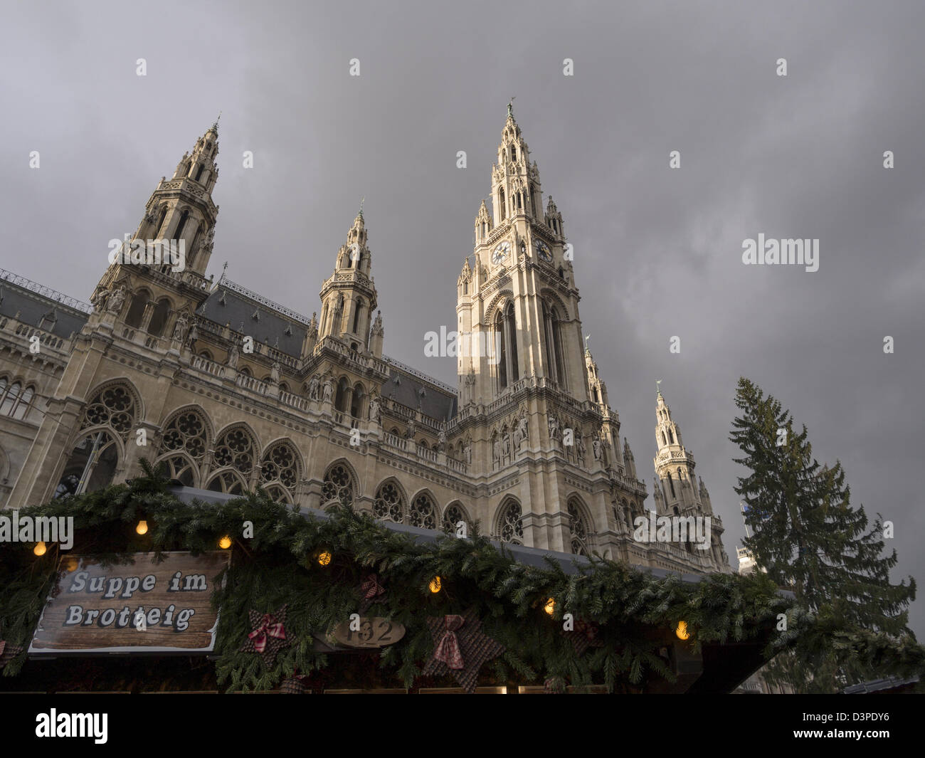 Rathaus Vienna -- city hall. Angled view of Vienna's gothic Rathaus lit ...