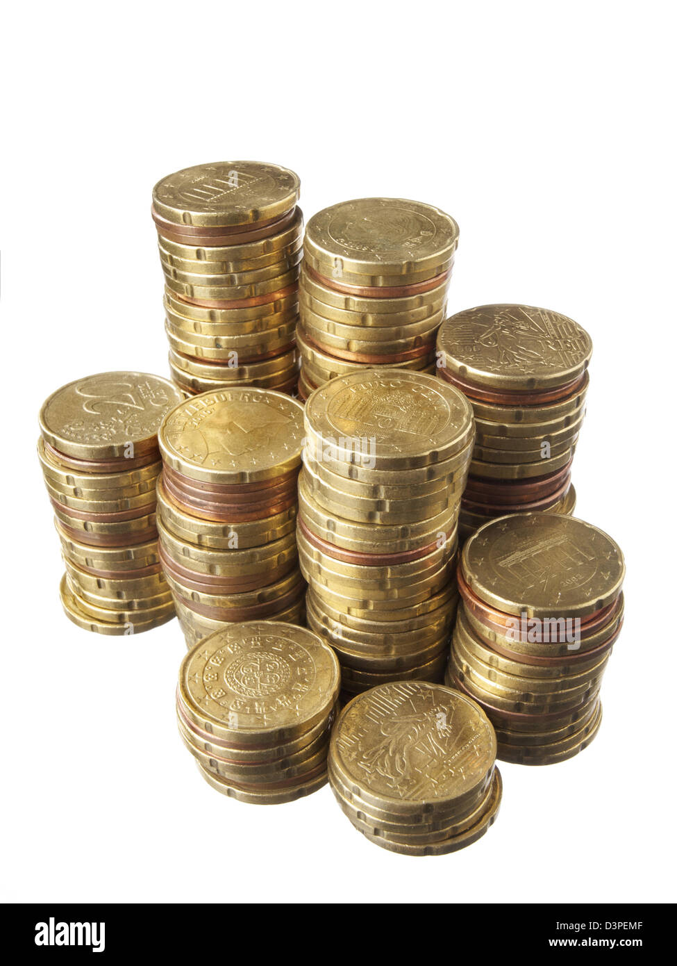 Small change, lots of Euro coins stacked, various country images facing ...