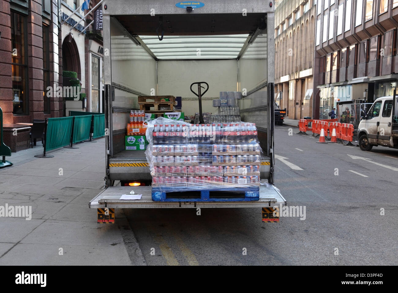Delivery van delivering a palette of soft drinks, UK Stock Photo - Alamy