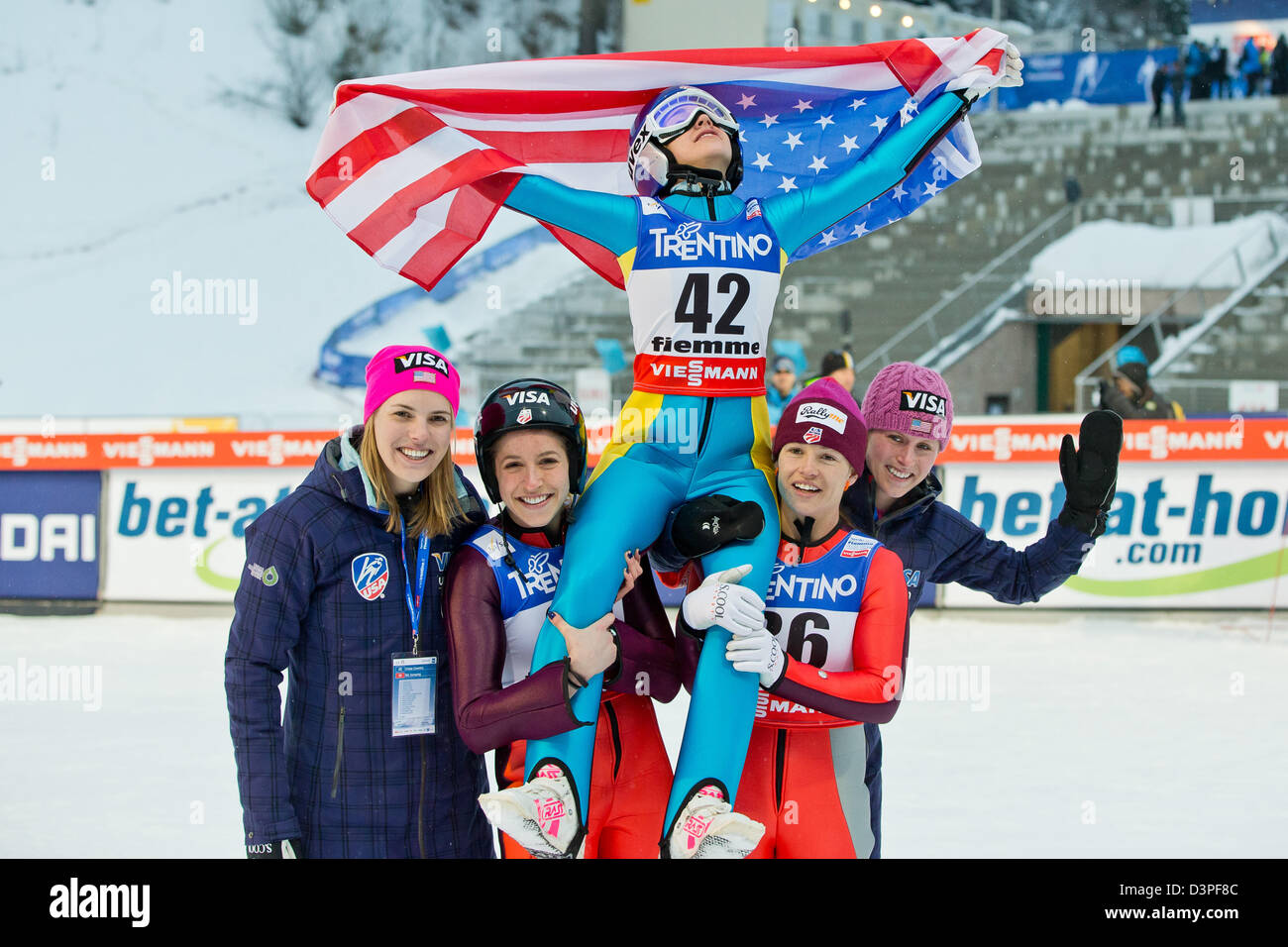 Sarah Hendrickson (top) of the USA celebrates after the final ...