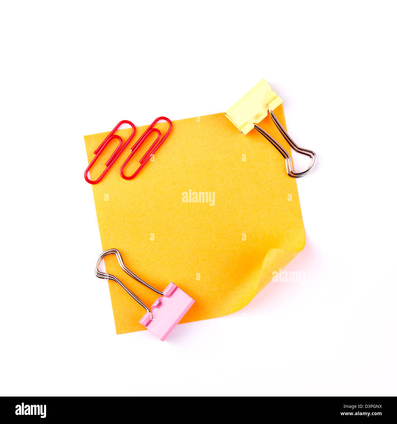 Orange sticky paper note with red clips isolated on white Stock Photo ...