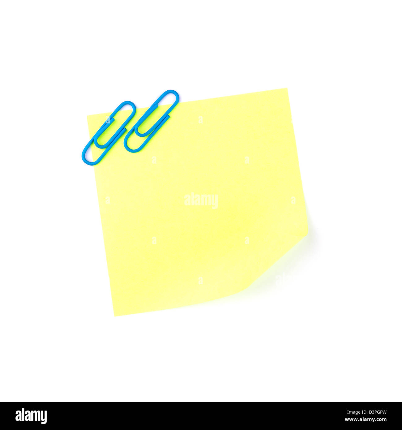 Neon yellow paper note with blue clips isolated on white Stock Photo ...