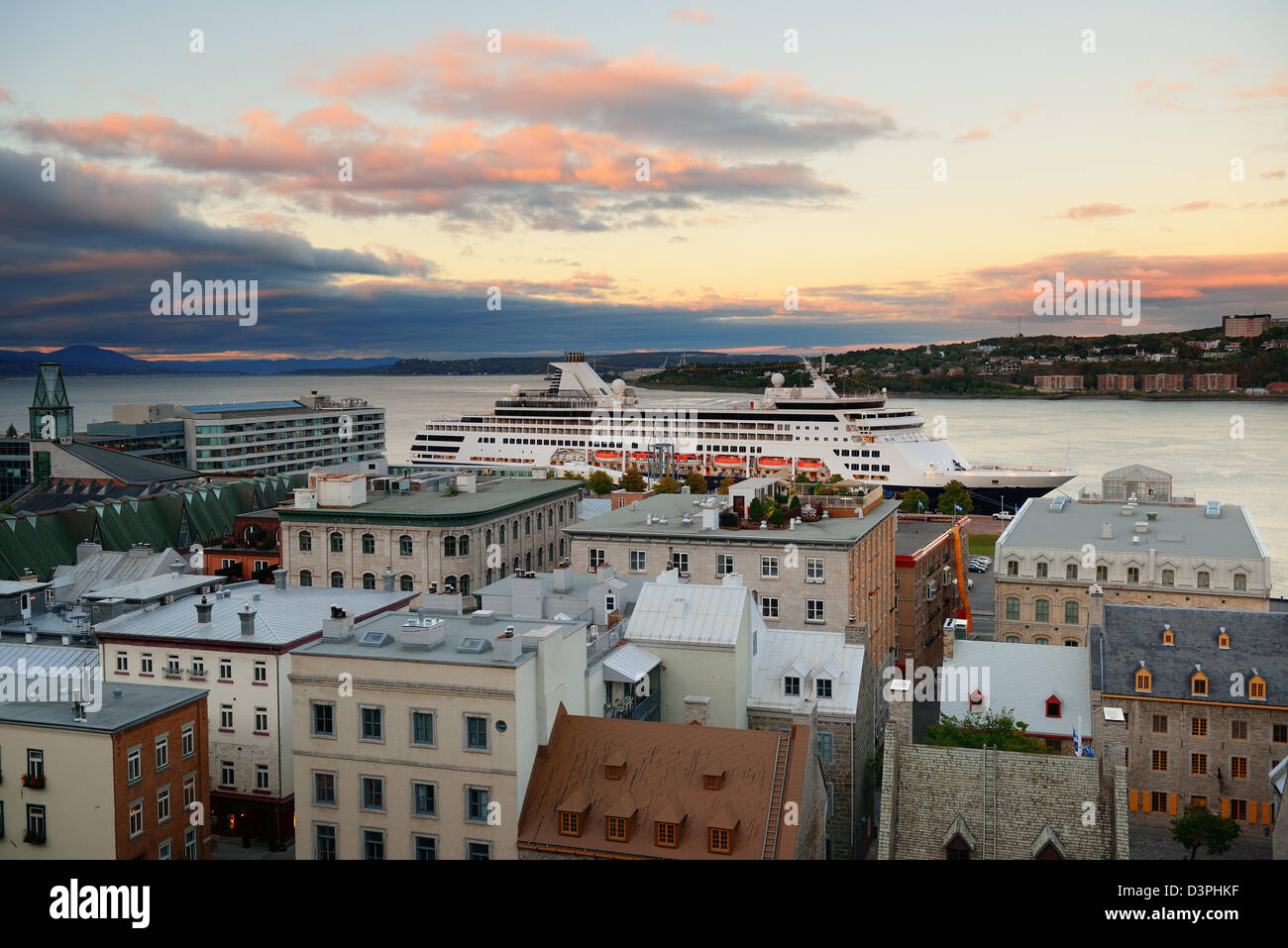 Cruise ship and lower town old buildings at sunset in Quebec City Stock ...