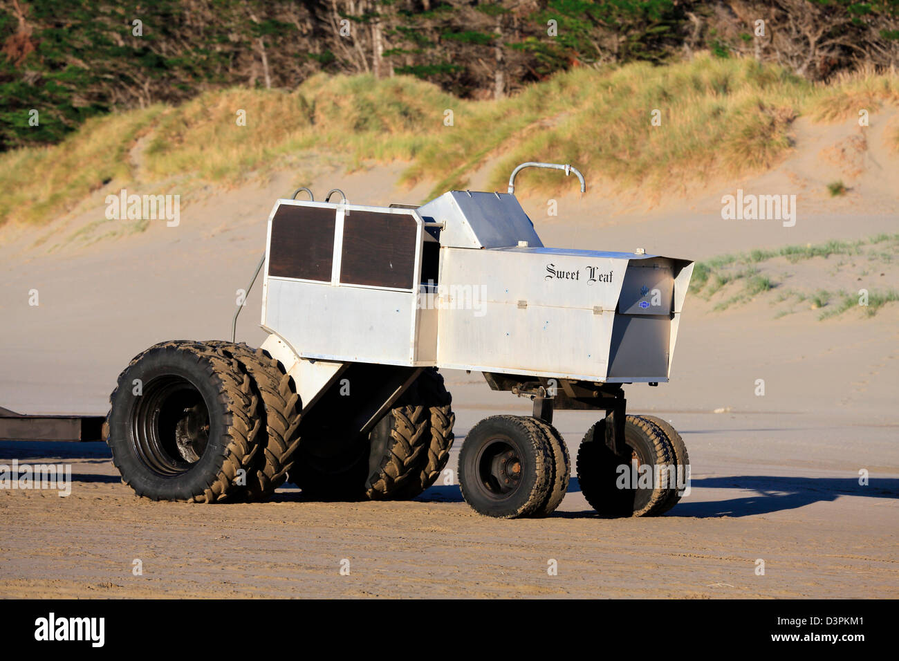 Unusual aluminum fishing boat tractor at Castlepoint in the Wairarapa ...
