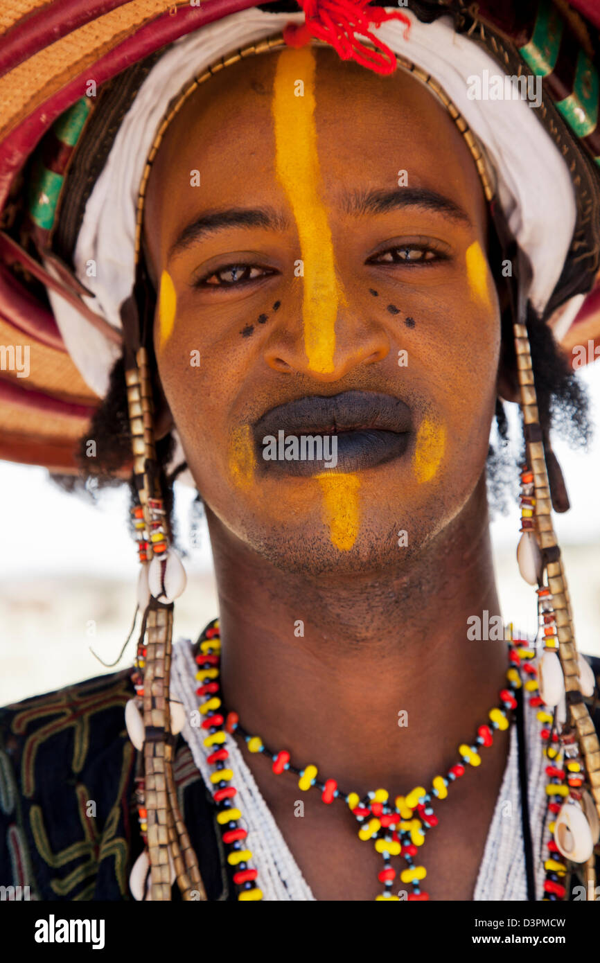 Young Wodaabe man made up for Gerewol festival of male beauty, Niger ...