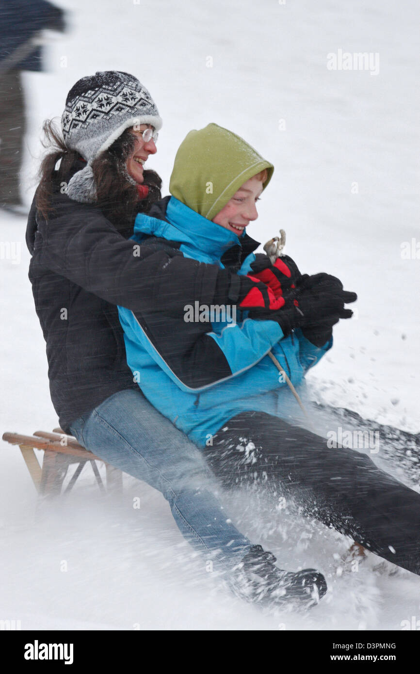 Leipzig, Germany, people sledging on the wart called Rodelberg Stock ...