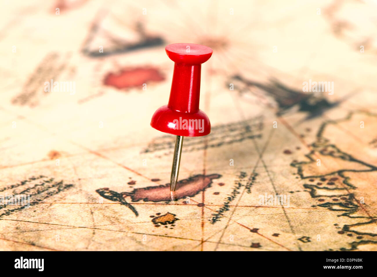 Thumbtack in the world map, close up, paper background Stock Photo - Alamy
