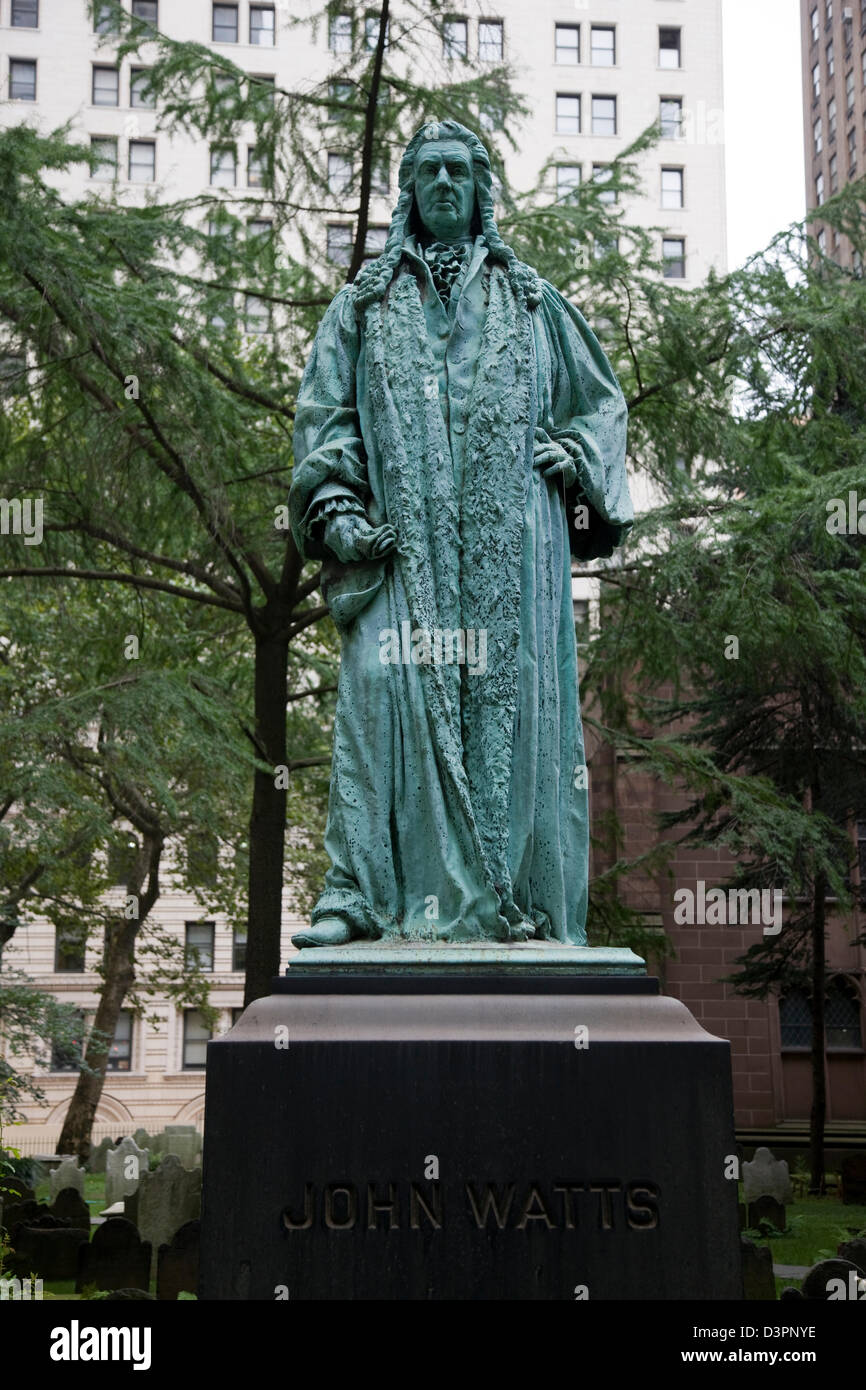 Bronze statue and monument memorial to John Watts in Trinity Church Cemetery on Wall Street and ...
