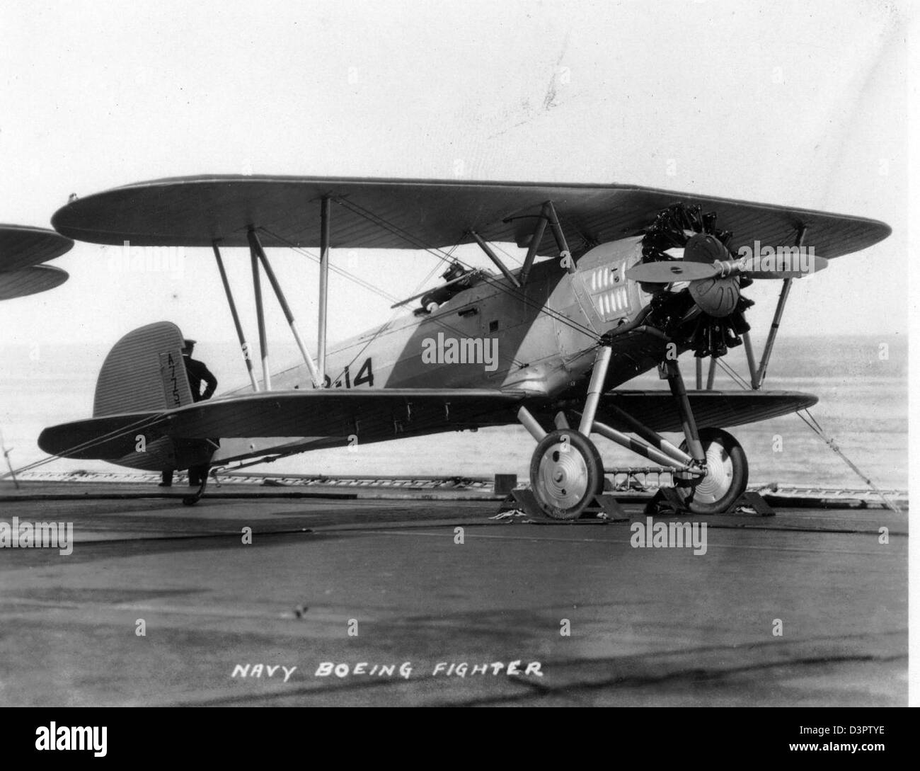 The Boeing F3B-1, a biplane used by the U.S. Navy, is shown aboard the ...