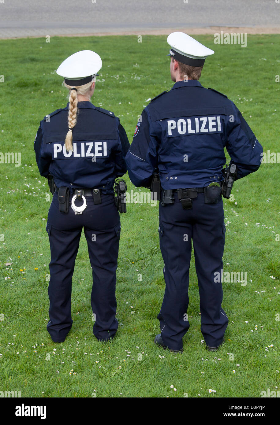 Duesseldorf, Germany, police officers with the new blue uniform Stock ...
