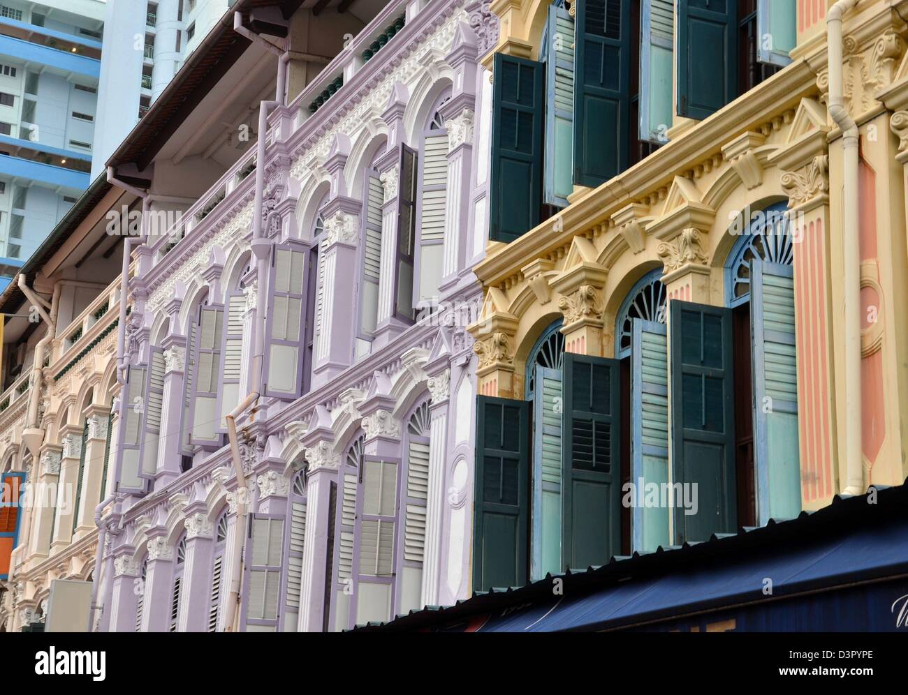 Violet, blue, green & yellow windows and wood shutters in Chinatown ...