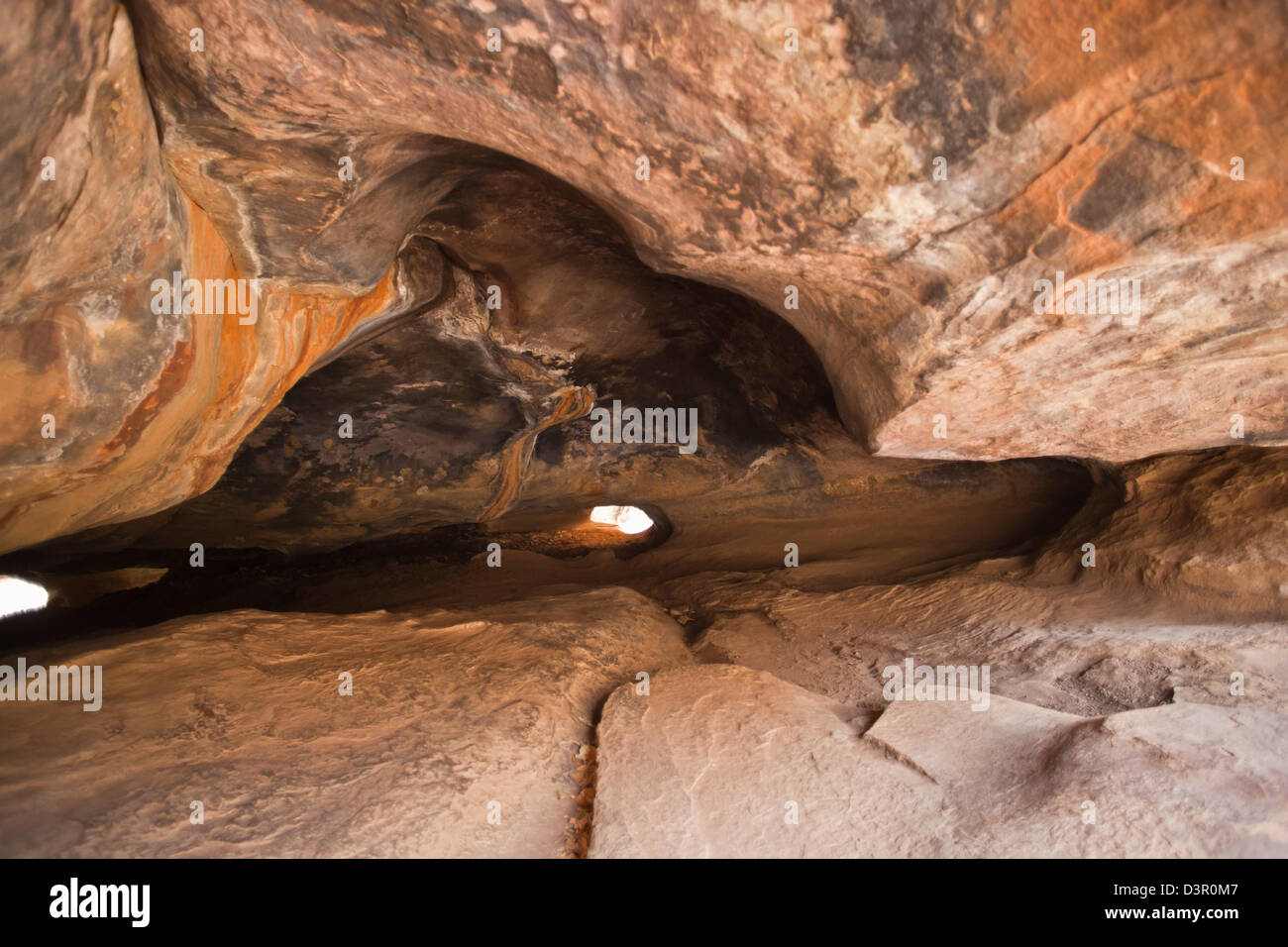 Details slot between rocks at an archaeological site, Bhimbetka Rock ...