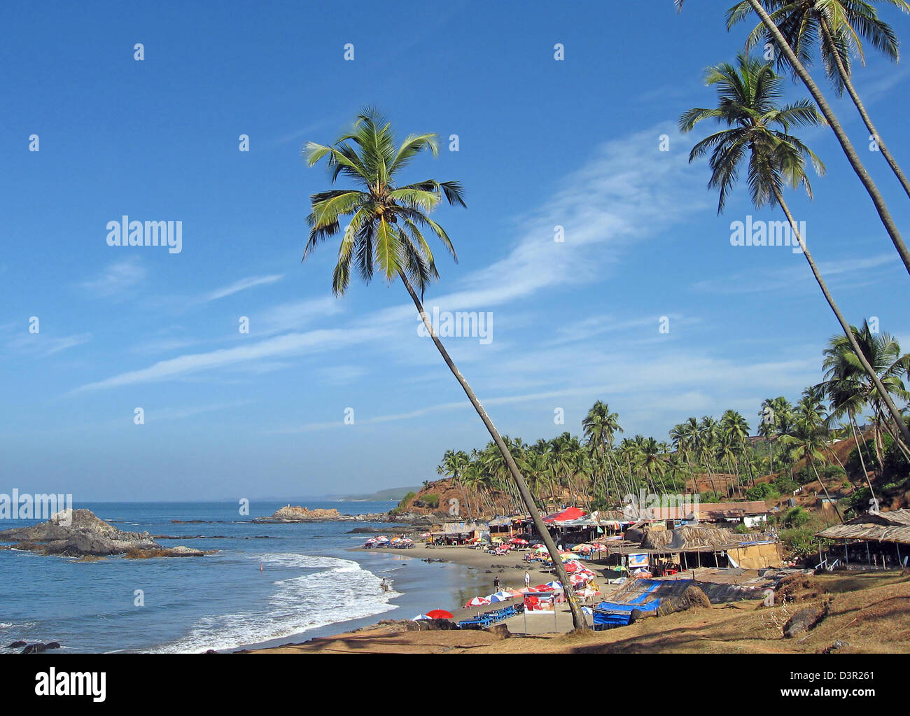 Goa beach landscape with blue sky and palms Stock Photo - Alamy