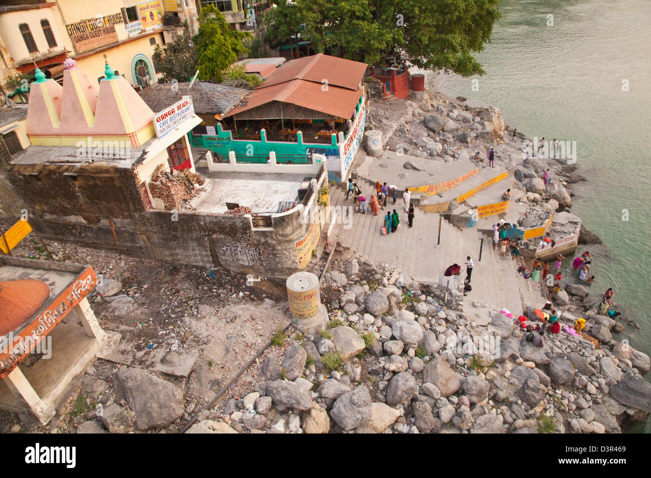 High angle view of tourists at ghat, River Ganges, Rishikesh, Dehradun ...