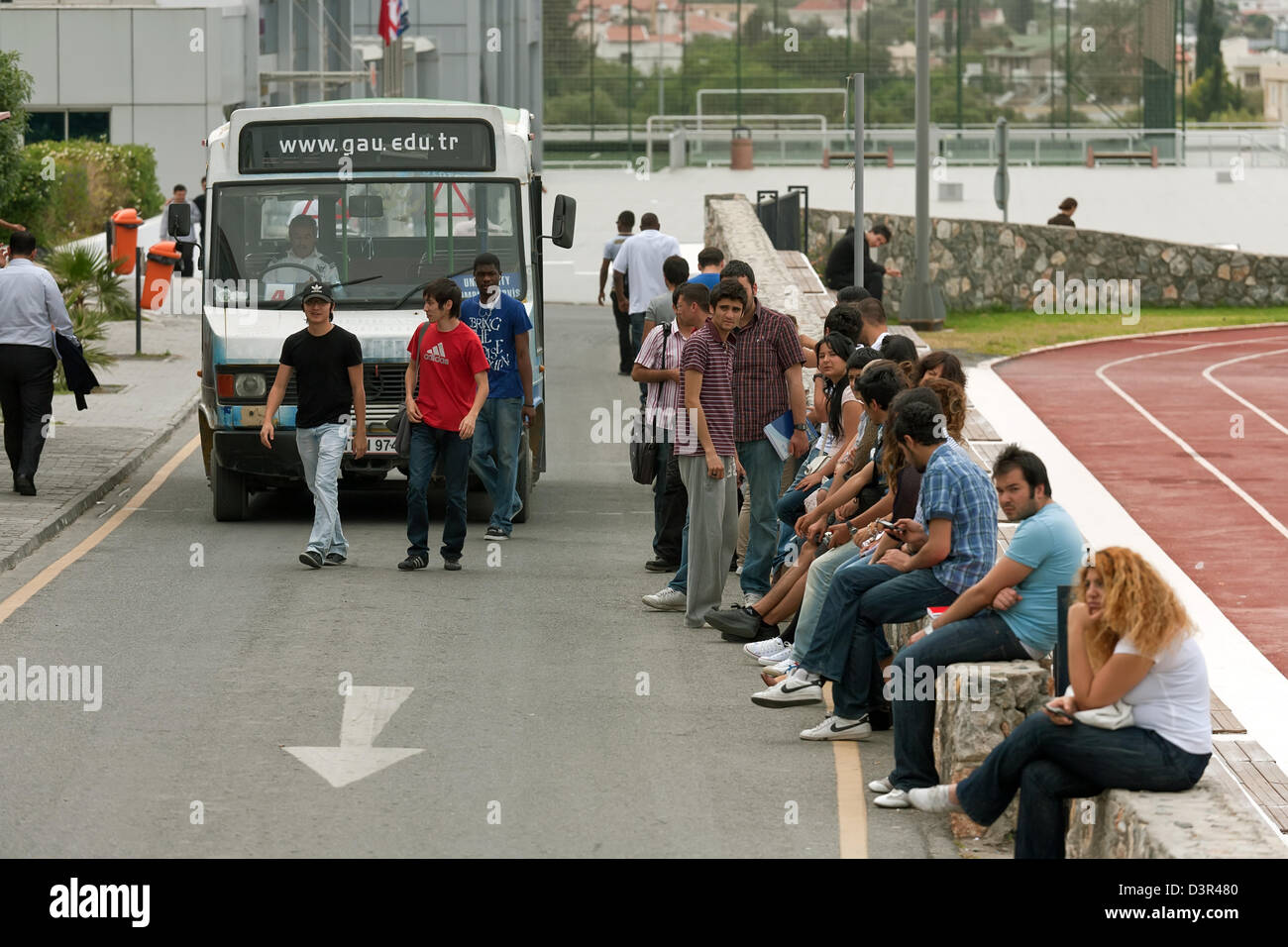 Girne, TRNC, bus stop on the campus of American University Stock Photo ...