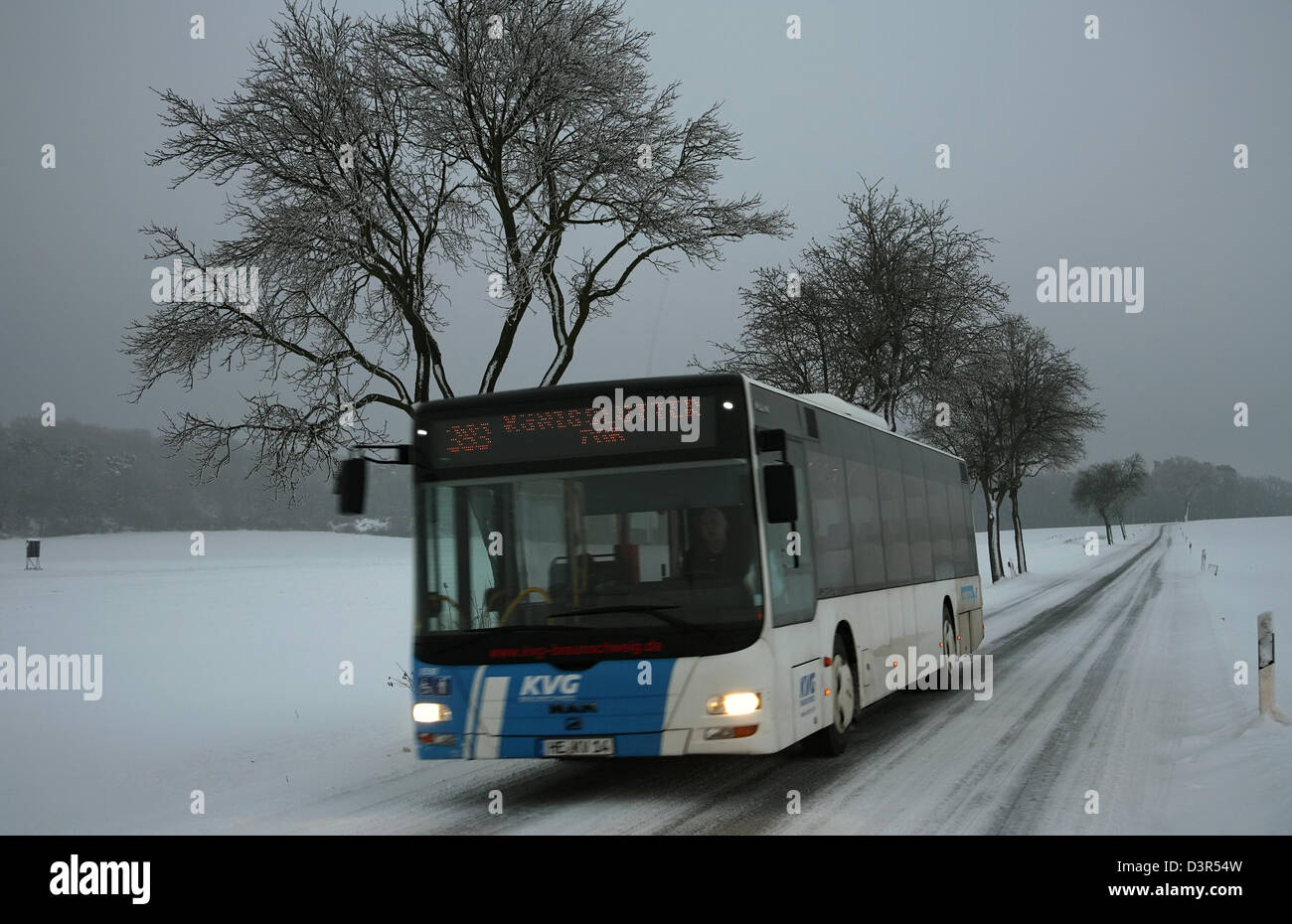 Gross Steinum, Germany, overland bus on the road in the nature reserve ...