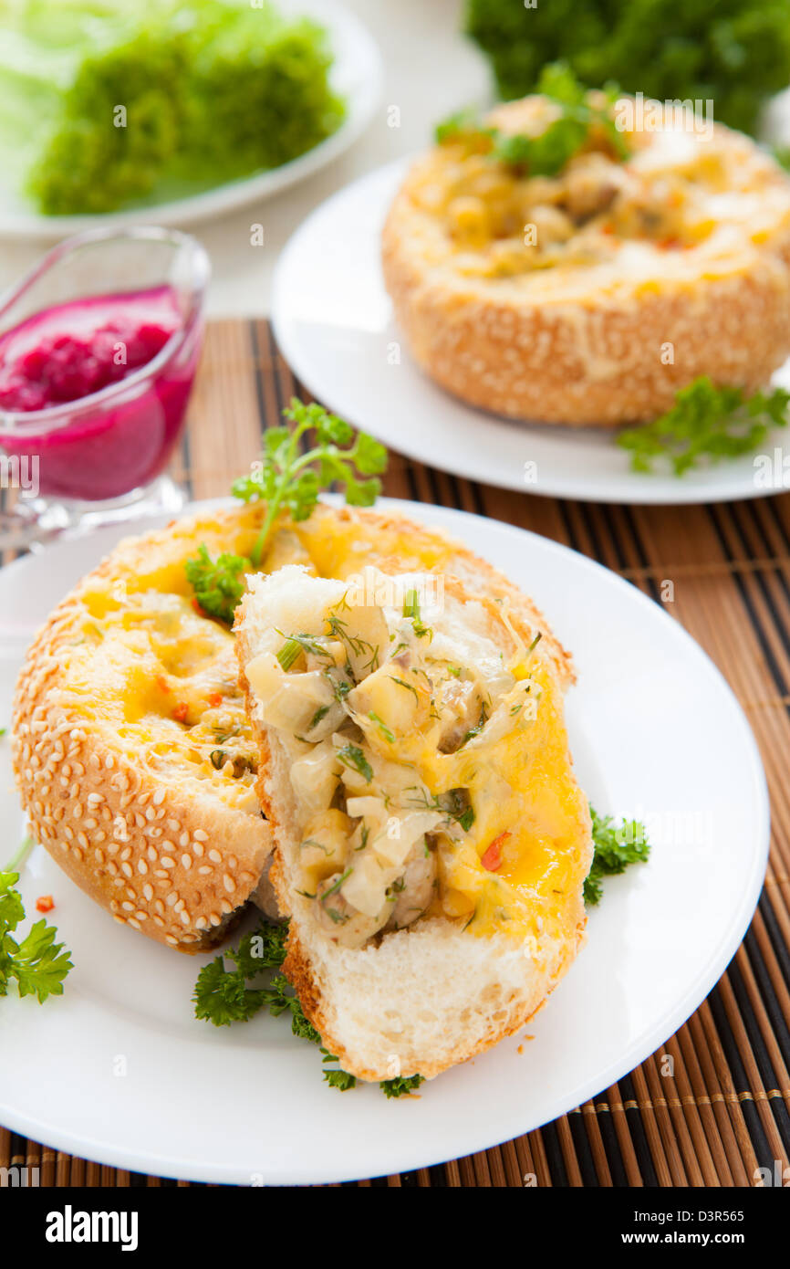 mushroom julienne cooked crispy bun, closeup Stock Photo - Alamy