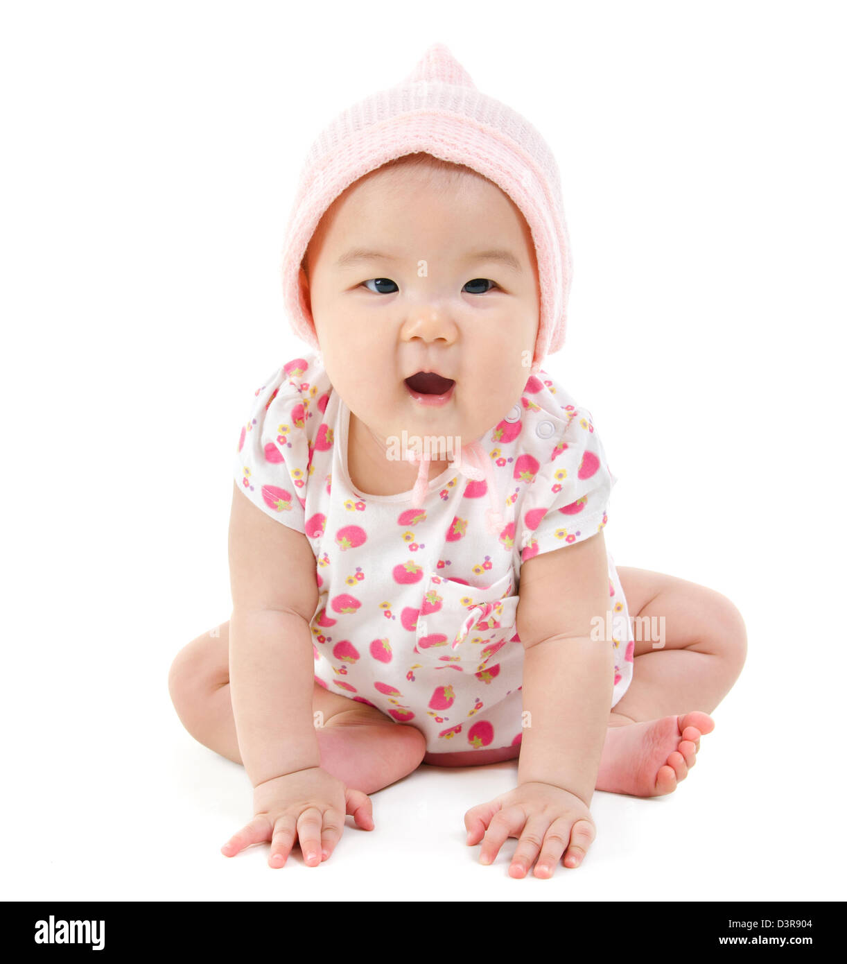 Full body Six months old East Asian baby girl sitting on white ...