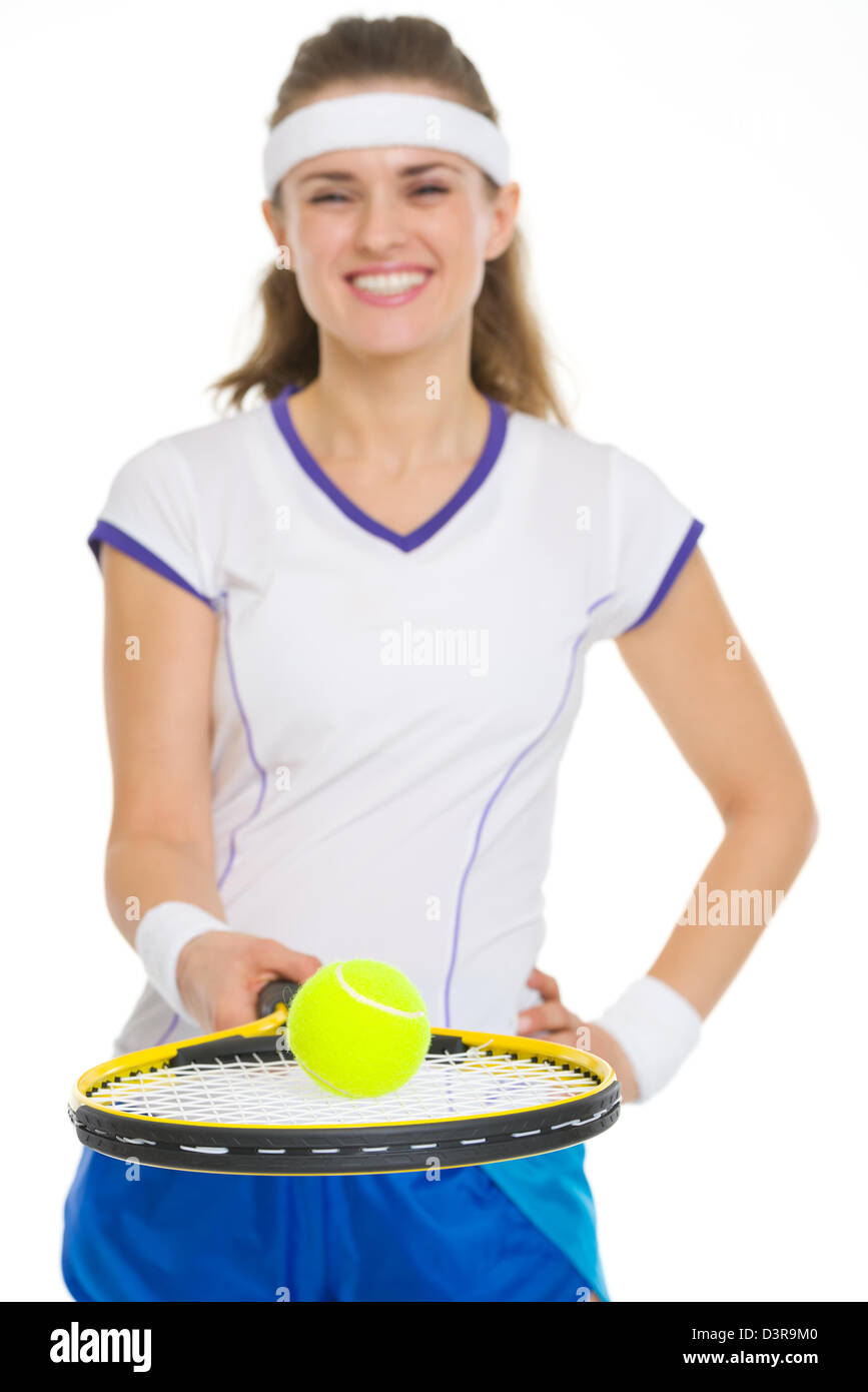 Closeup on tennis player balancing ball on racket Stock Photo - Alamy